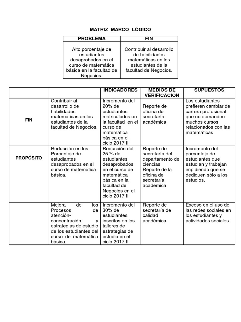 Matriz Marco Lógico | PDF | Enseñanza de matemática | Cognición