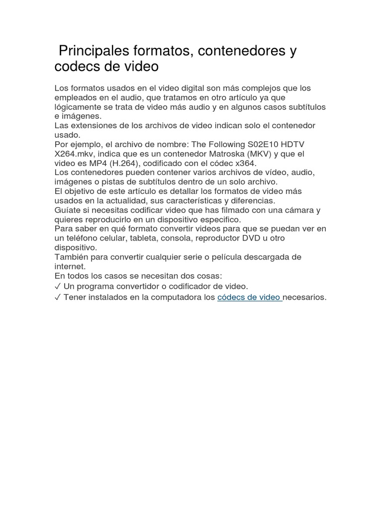 Principales Formatos de Codificación de Video | PDF | Códec | Vídeo