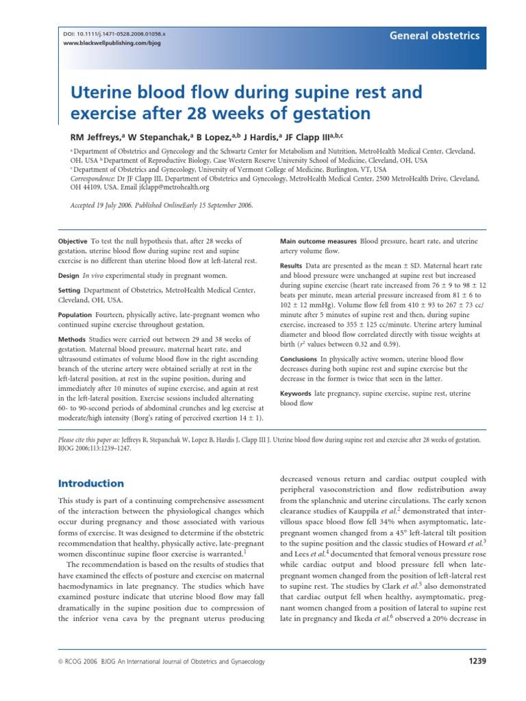 Uterine Blood Flow During Supine Rest and Exercise After 28 Weeks of ...