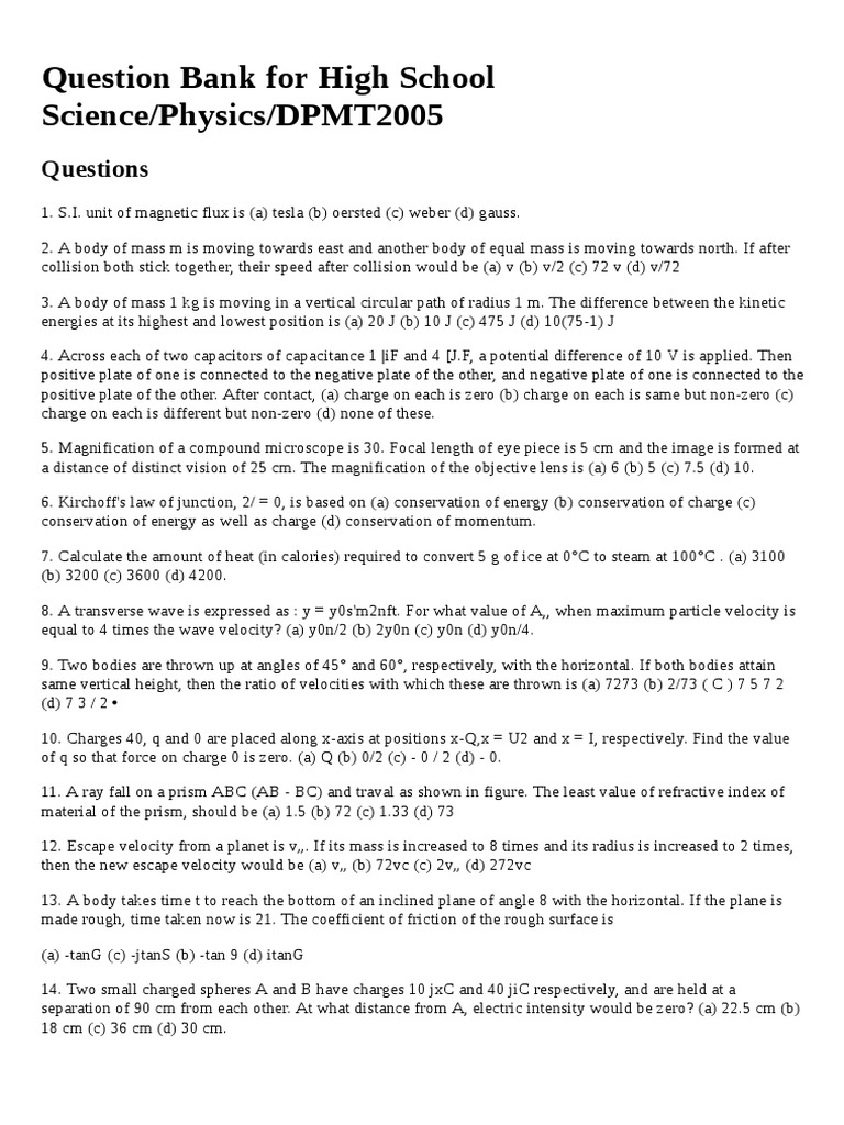 High School Physics Question Bank | PDF | Electronvolt | Capacitor