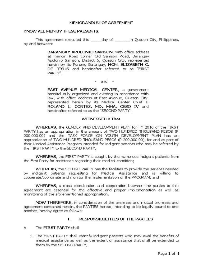 Memorandum of Agreement - Apolonio Samson | PDF | Patient | Medicine