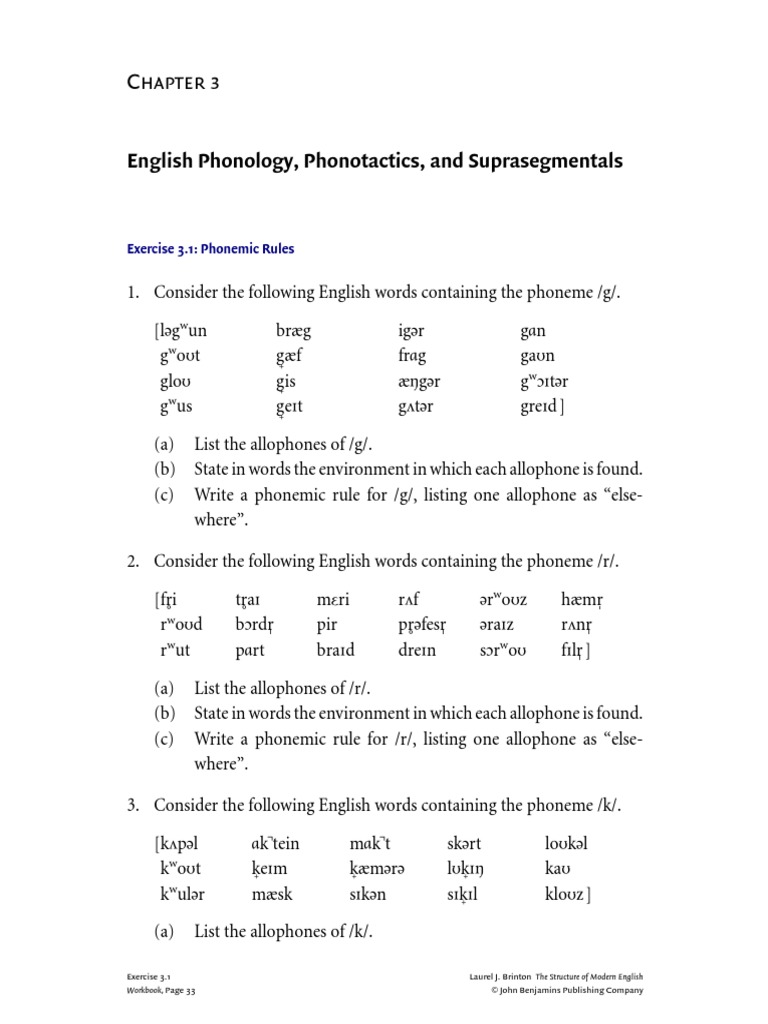 English Phonology, Phonotactics, and Suprasegmentals: Exercise 3.1 ...