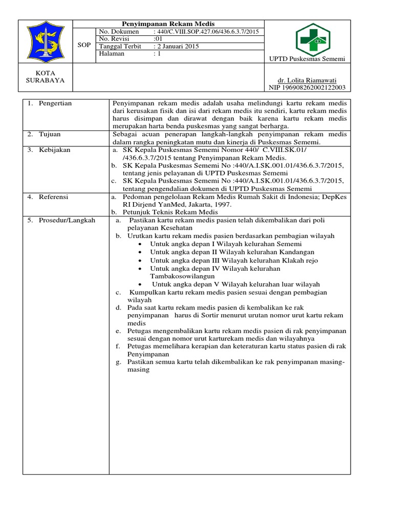 Sop Penyimpanan Rekam Medis | PDF