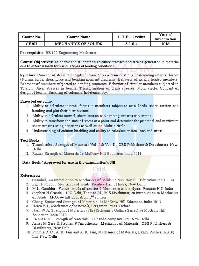 MECHANICS OF SOLIDS Course Syllabus | PDF | Bending | Stress (Mechanics)
