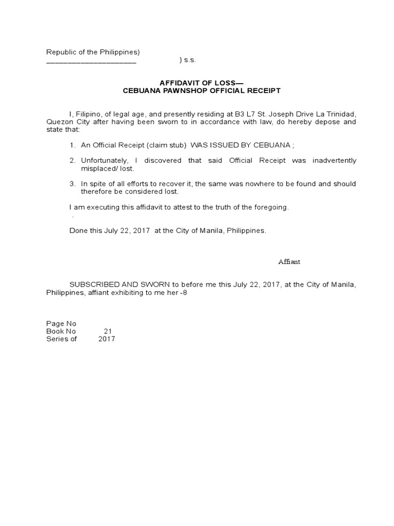 Affidavit of Loss for Cebuana Receipt | PDF | Law