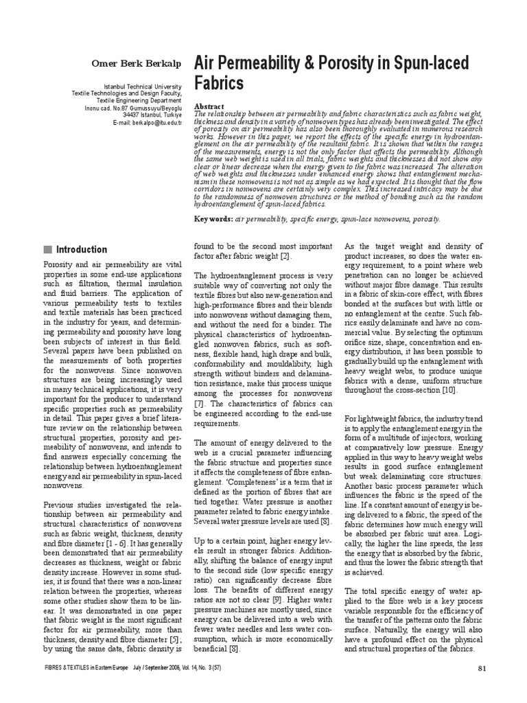 Air Permeability in Spun-laced Nonwovens | PDF | Textiles | Nonwoven Fabric