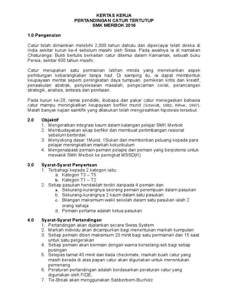 Kertas Kerja Pertandingan Catur Tertutup SMK Merbok 2016 | PDF