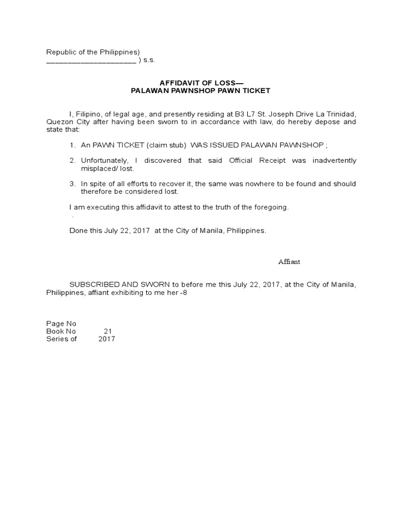 Affidavit of Loss for a Palawan Pawnshop Pawn Ticket | PDF