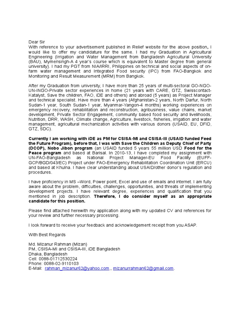 Application for FAO Project Coordinator | PDF | United States Agency ...
