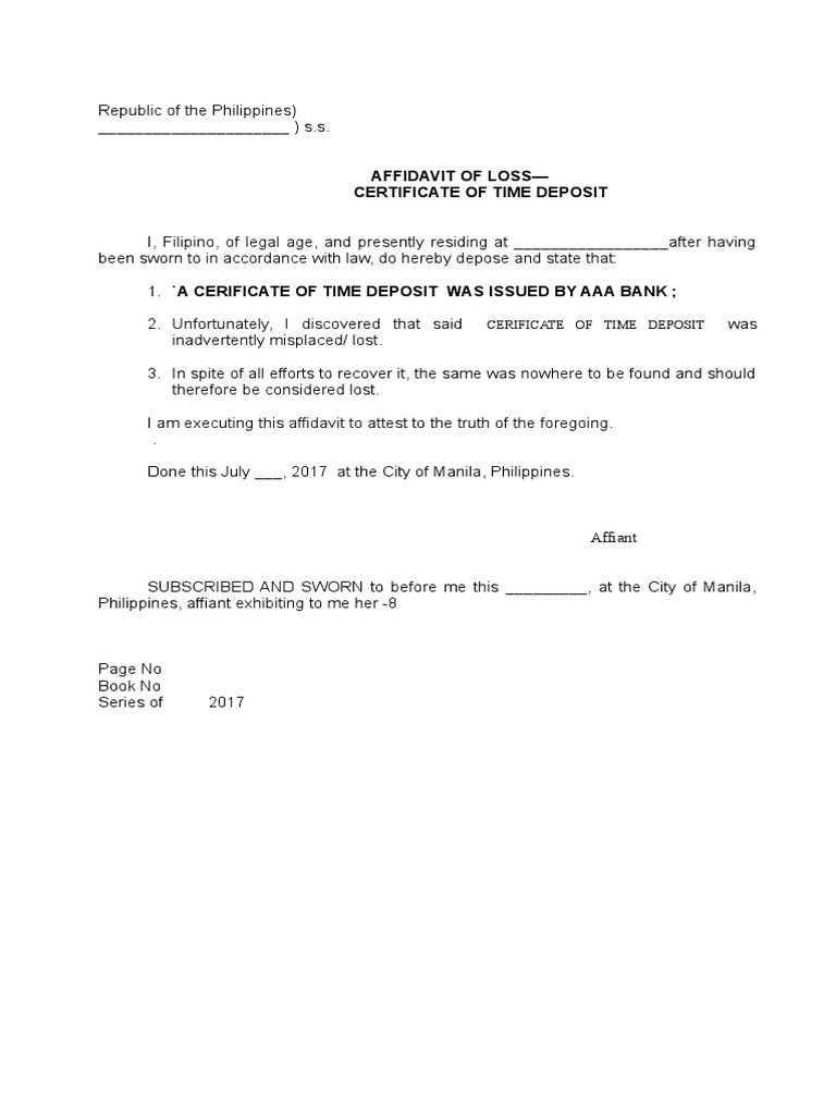Cerificate of Time Deposits Affidavit | PDF