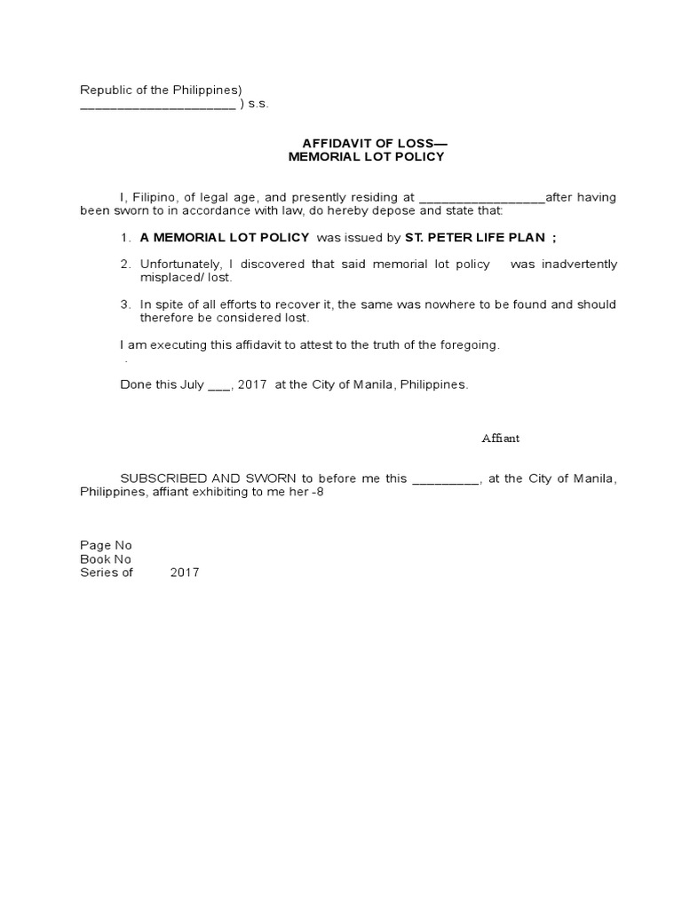Affidavit of Loss for Memorial Lot Policy | PDF | Social Science