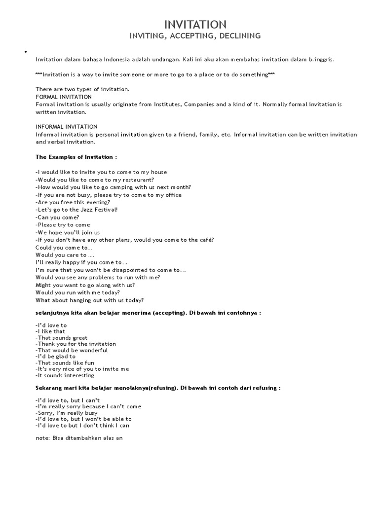 Invitation: Inviting, Accepting, Declining | PDF