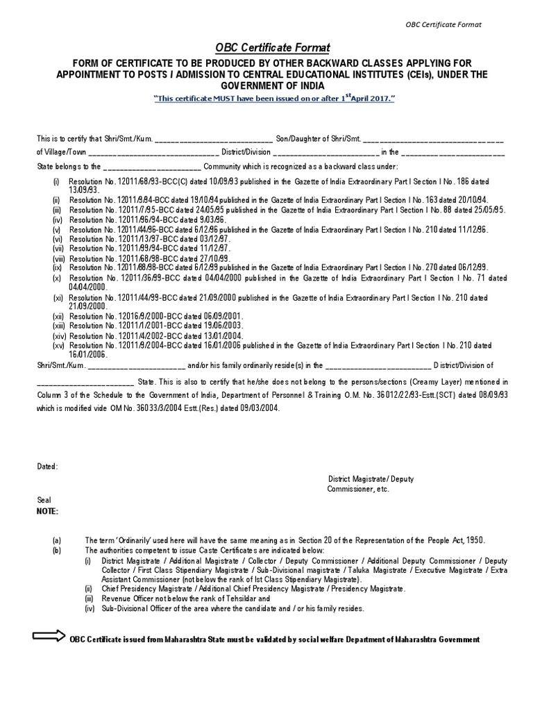 OBC Certificate | PDF | Magistrate | Government Of India