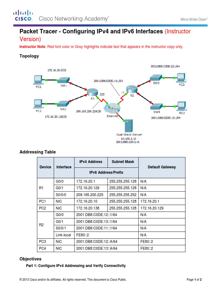 4.1.3.5 Packet Tracer - Configuring IPv4 and IPv6 Interfaces Instructions - IG PDF | PDF | I Pv6 ...