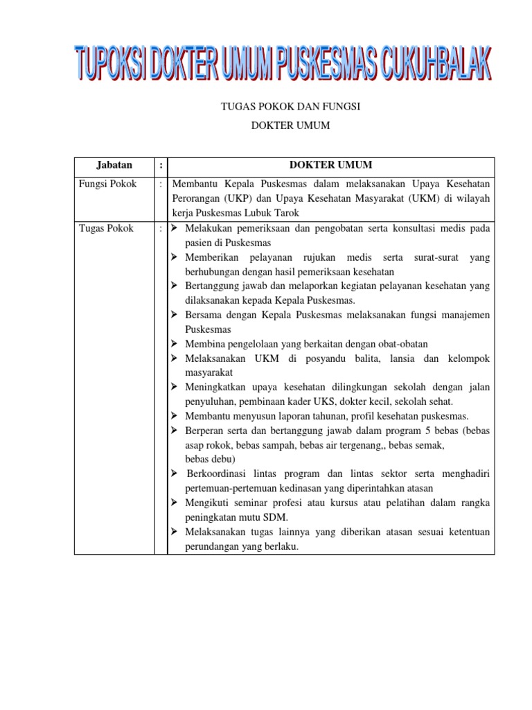 Tupoksi Dokter Umum Puskesmas Lubuk Tarok | PDF