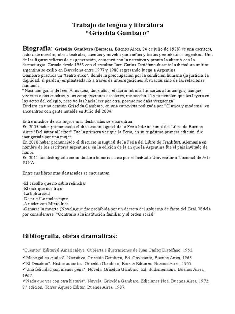 Biografía y Obras de Griselda Gambaro | PDF | Medios | Libros