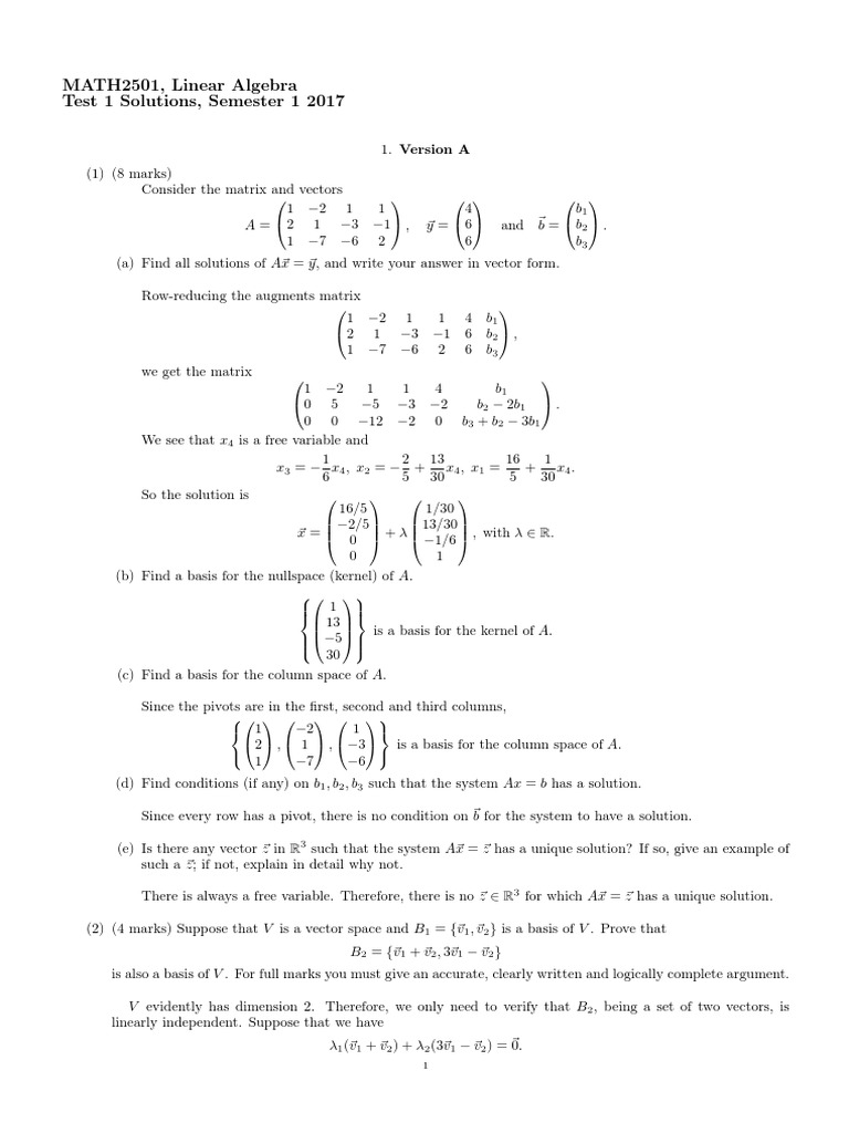 Test 1 Sol | PDF | Basis (Linear Algebra) | Matrix (Mathematics)