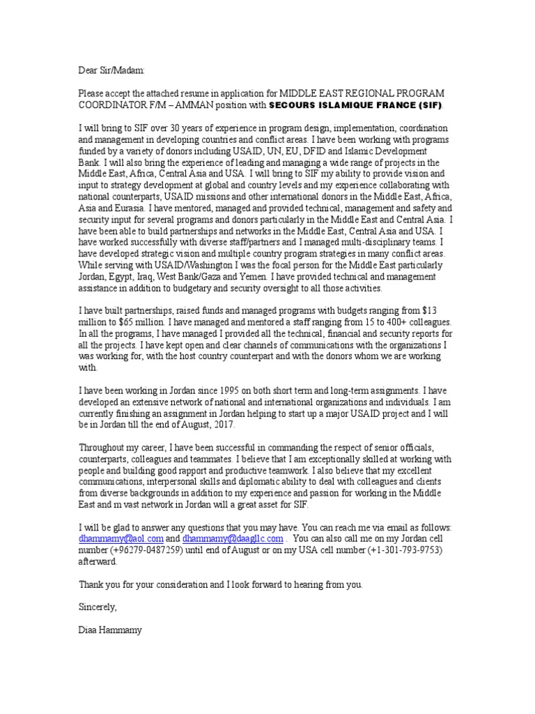 SIF Cover Letter Diaa Hammamy 7-2017 | PDF | United States Agency For ...