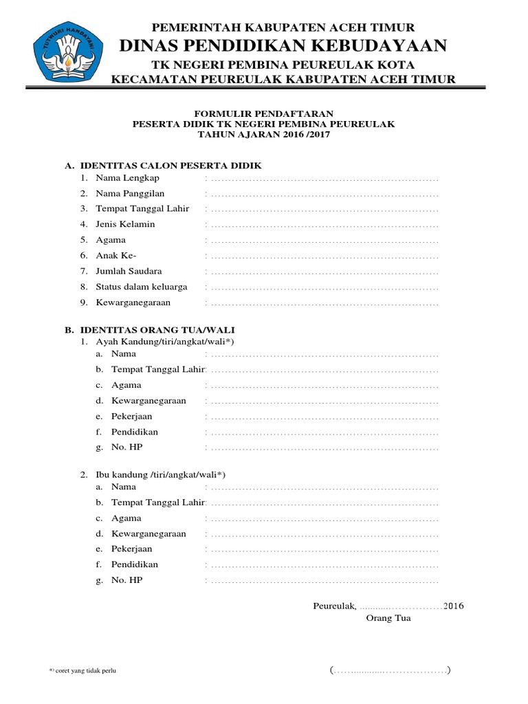 A.3.1 Formulir Pendaftaran Paud TK KB | PDF