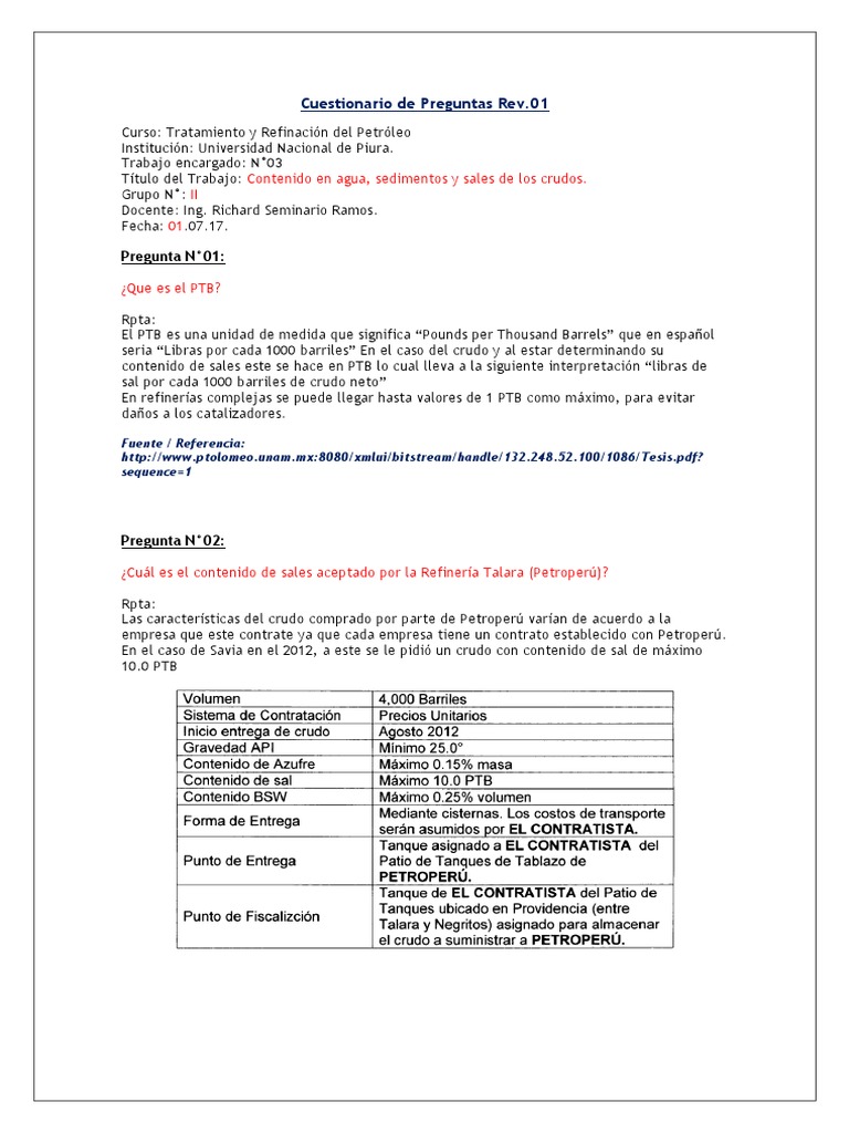 Grupo II - Respuestas - Cuestionario de Grados API y Azufre en Crudo ...