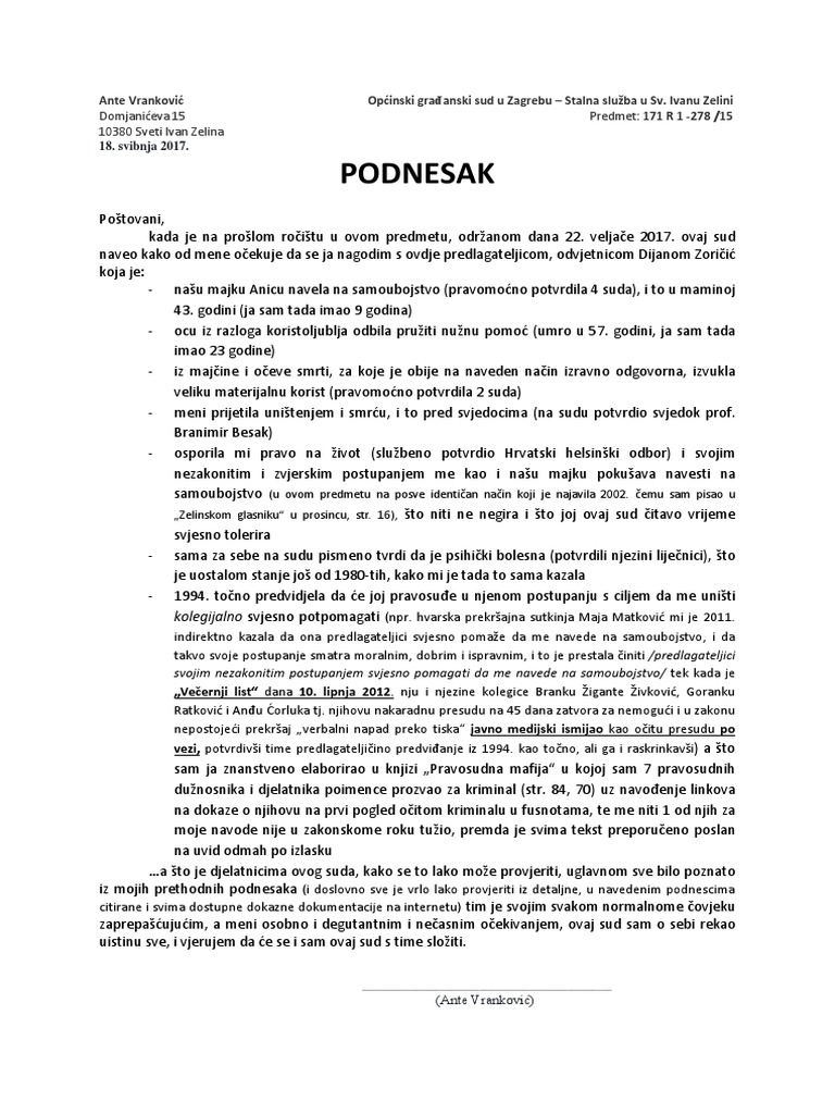Podnesak Sudu U Zelini, 18 5 17 | PDF