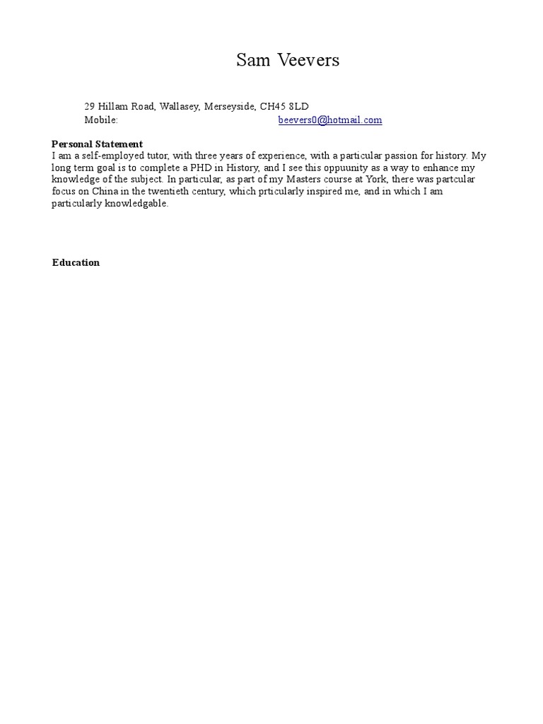 Sam Veevers: Personal Statement | PDF