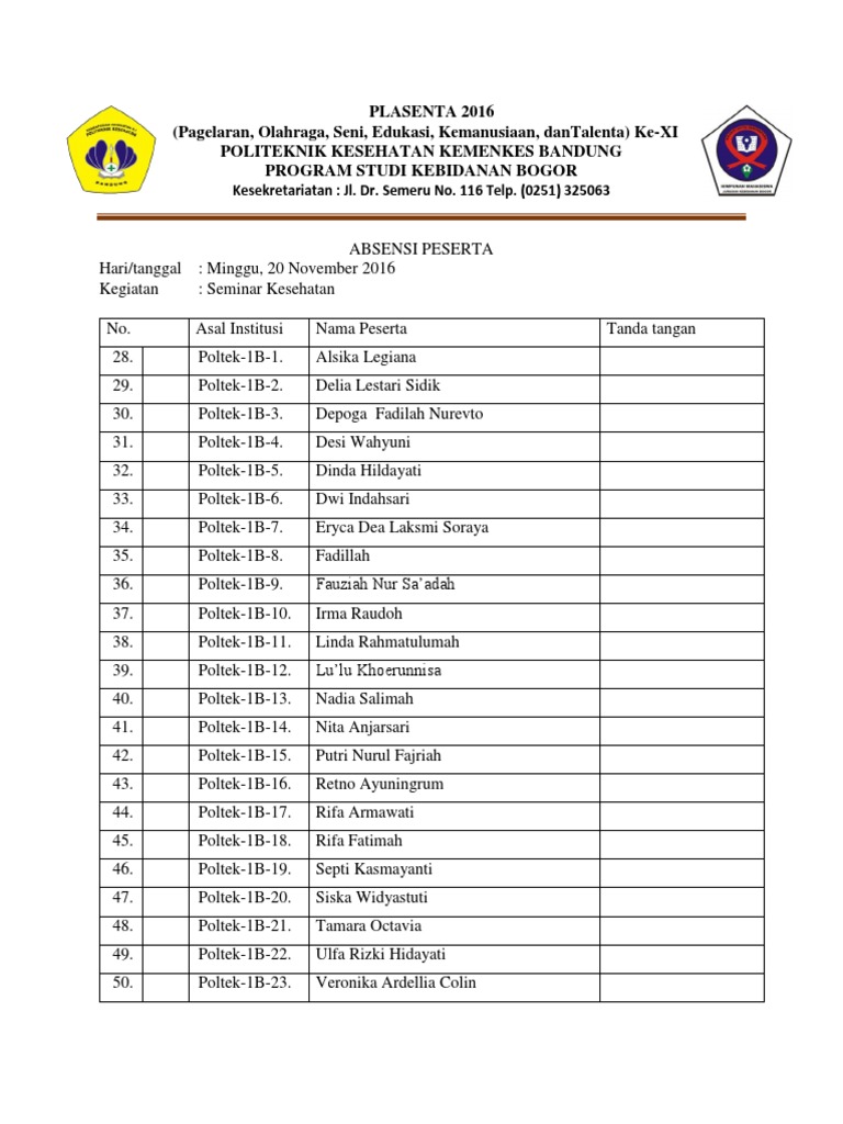 Seminar Kesehatan PLASENTA 2016 Absensi | PDF