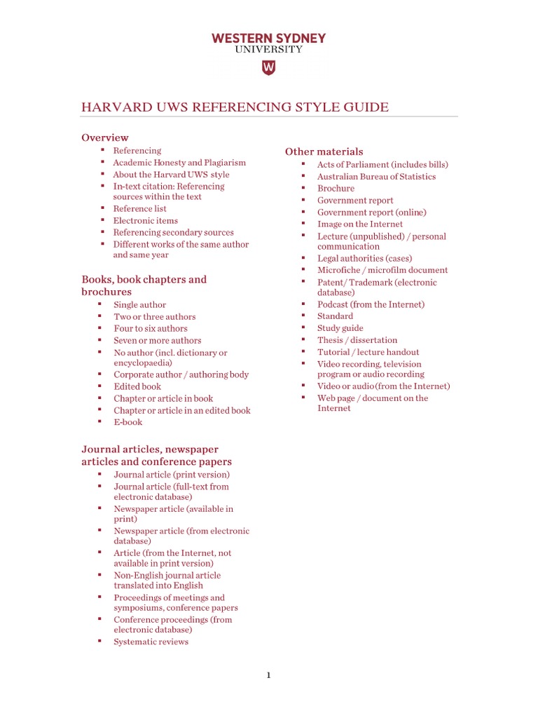 Harvard Uws Referencing Style Guide | PDF