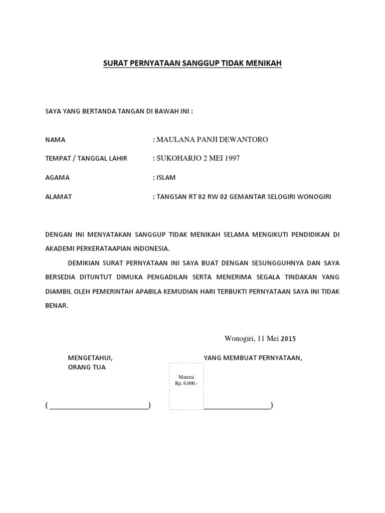 Surat Pernyataan Sanggup Tidak Menikah | PDF