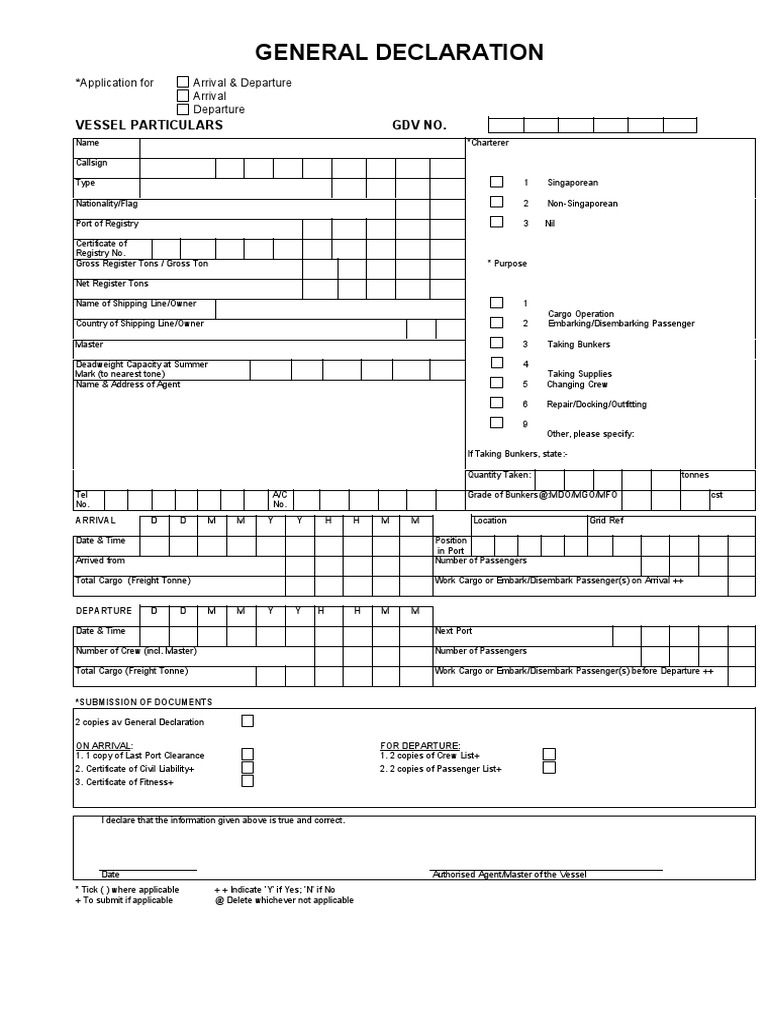 General Declaration: Vessel Particulars GDV No | Download Free PDF ...