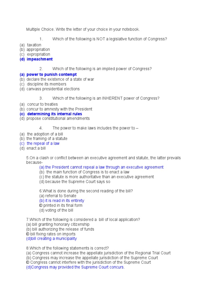 Congress Legislative Functions Quiz | PDF | Initiative | United States ...