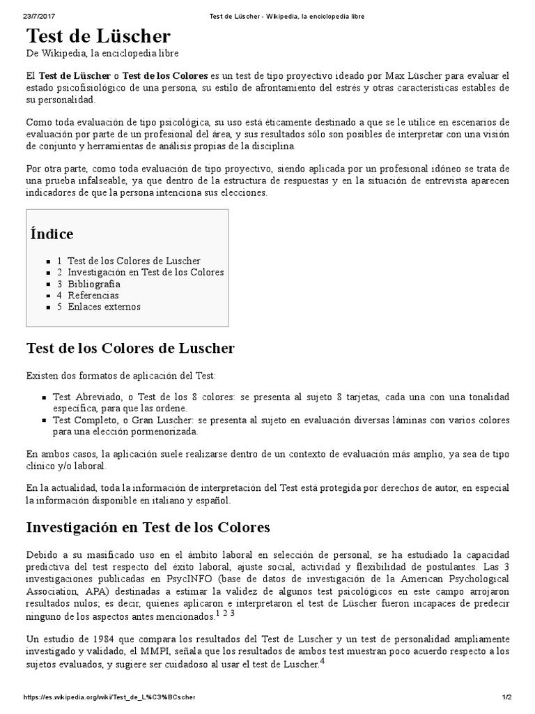 Test de Lüscher - Wikipedia, La Enciclopedia Libre | PDF | Neurociencia ...