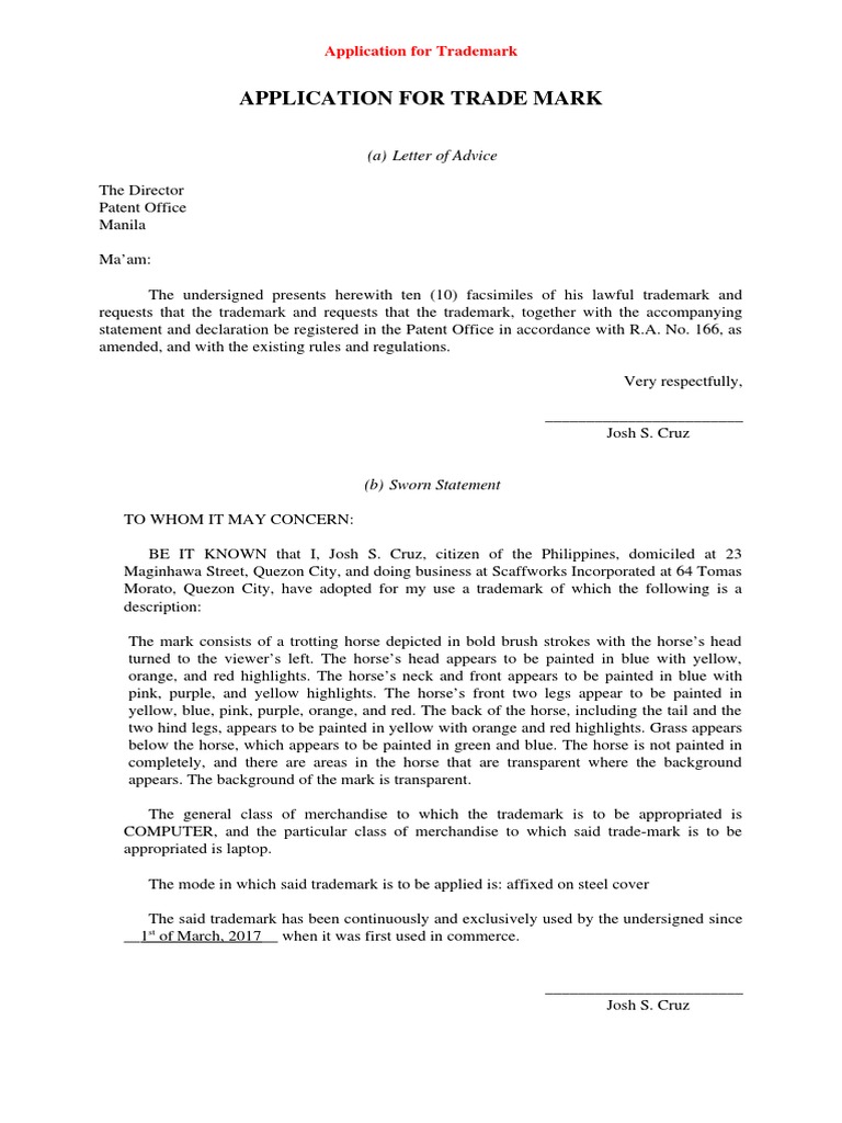 Application for Trademark Sample | Trademark | Intellectual Works ...