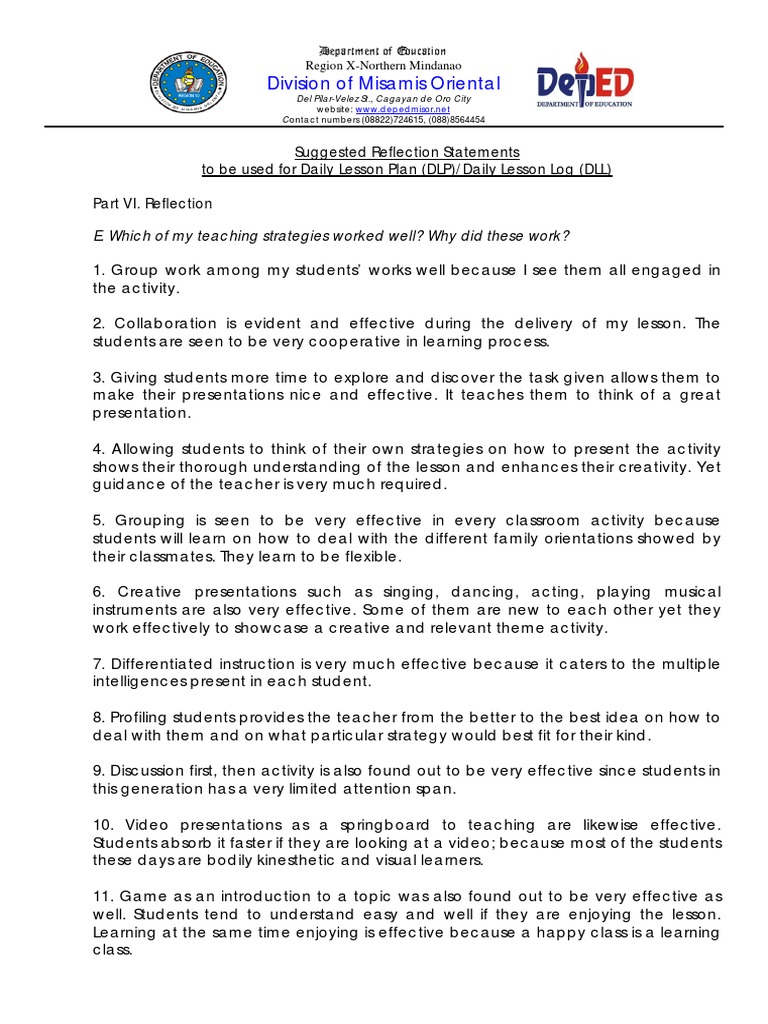 Reflection Statements For Daily Lesson Log 3 | PDF | Differentiated ...