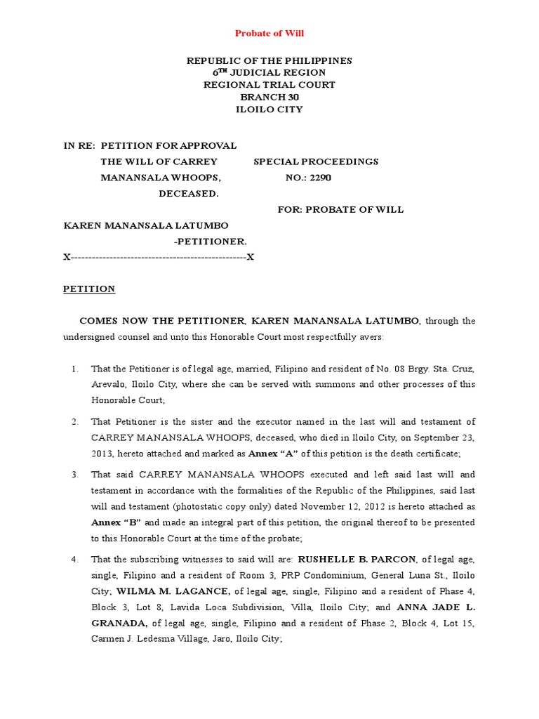 Probate of Will Sample | PDF | Will And Testament | Probate