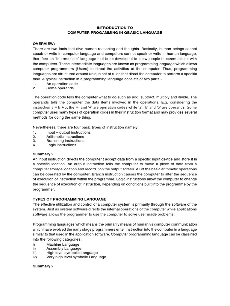 Introduction To Computer Progamming in Qbasic Language | PDF | Basic | Variable (Computer Science)