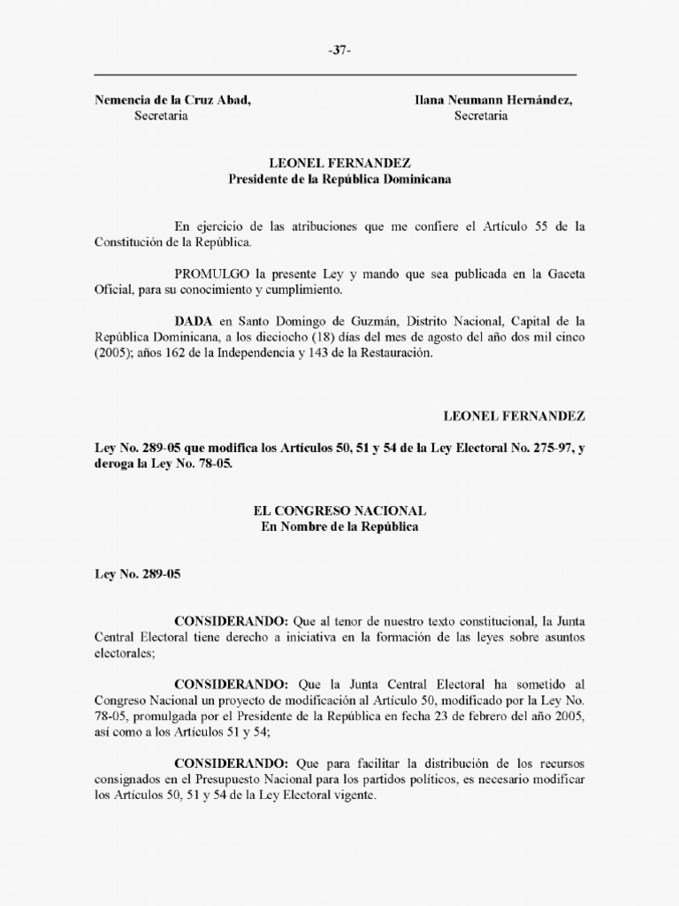 Ley No. 289-05 Sobre Contribucion A Los Partidos | PDF | República ...