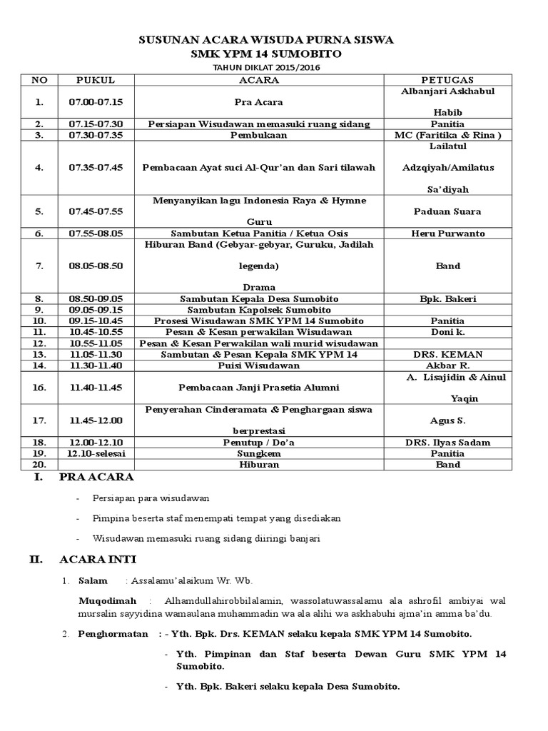Susunan Acara Wisuda SMK YPM 14 | PDF