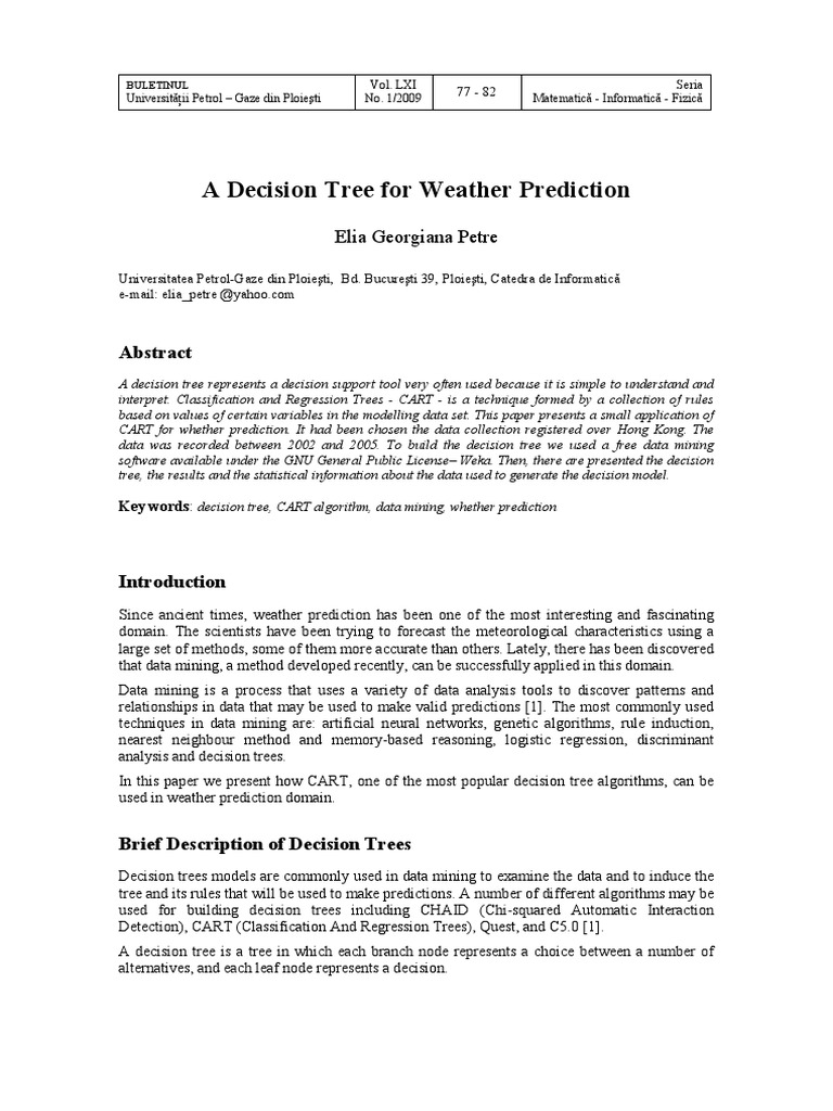 A Decision Tree For Weather Prediction: Elia Georgiana Petre | Download ...