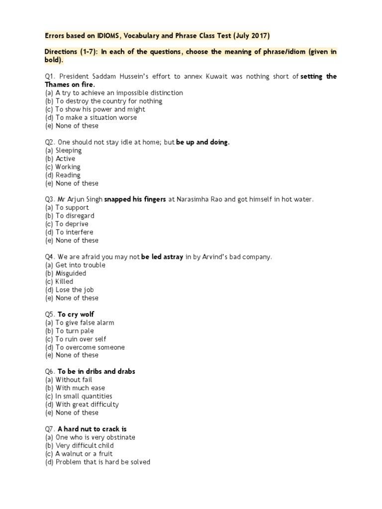 Errors Based On IDIOMS, Vocabulary and Phrase Class Test (July 2017 ...