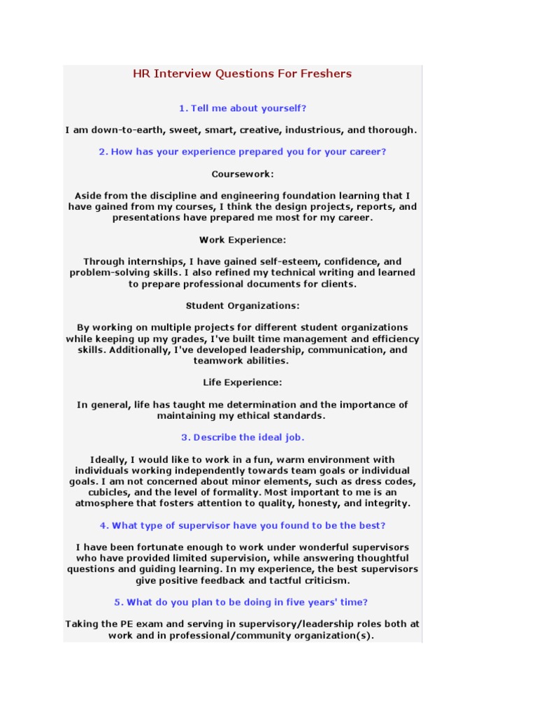 Essential HR Interview Questions for Freshers | PDF | Leadership ...
