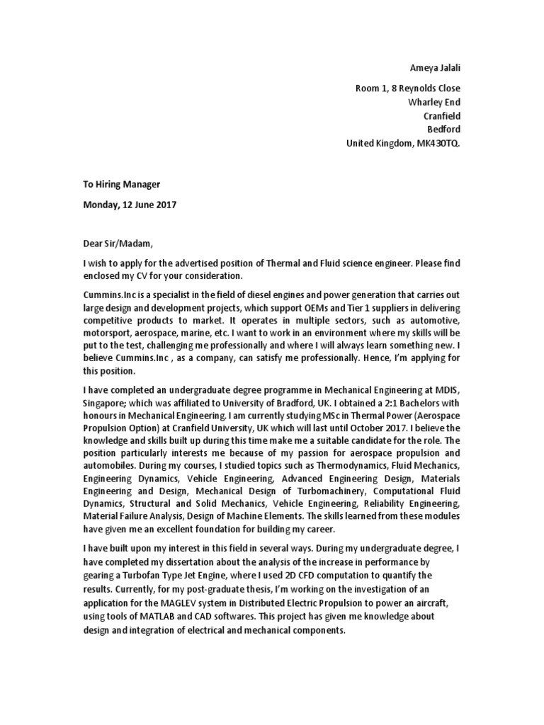 Cover Letter Cummins | PDF | Engineering | Mechanical Engineering