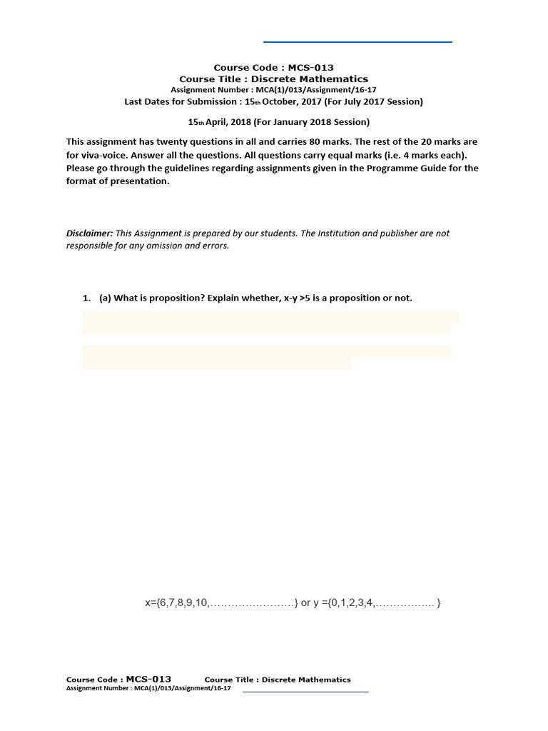 MCS-013 Discrete Mathematics Solved Assingment by | PDF | Set ...