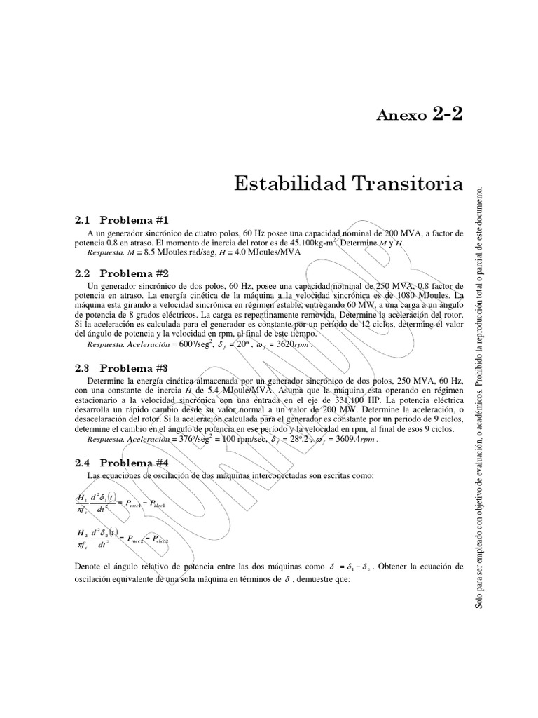Anexo sobre estabilidad transitoria de sistemas de potencia que analiza cuatro problemas ...