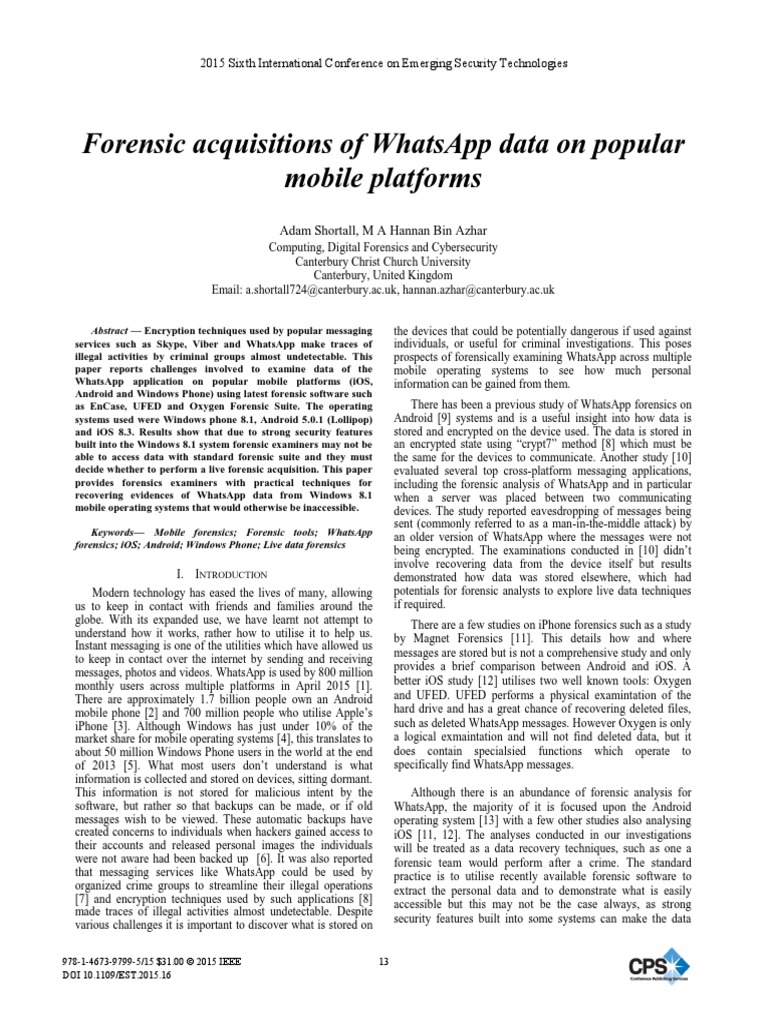 Forensic Acquisitions of WhatsApp Data On Popular Mobile Platforms - Shortall2015 | Download ...