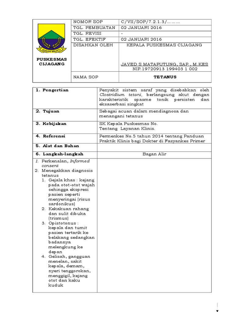 SOP Penanganan Tetanus Puskesmas Cijagang | PDF