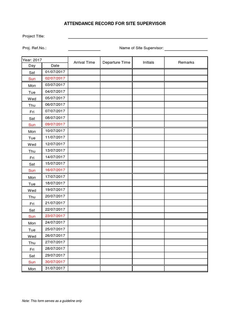 Attendance Record For Site Supervisor | PDF