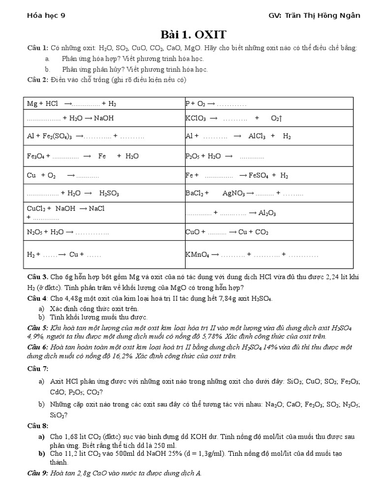 BÀI TẬP VỀ TÍNH CHẤT HÓA HỌC CỦA OXIT | PDF