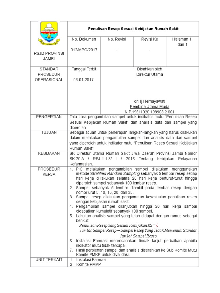 Spo Pengambilan Sampel Dan Penentuan Indikator Mutu Penulisan Resep ...