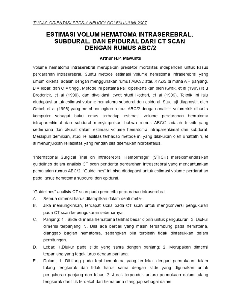 Estimasi Volume Hematom ICH, SDH, EDH DGN Rumus ABCper2 - A Mawuntu | PDF